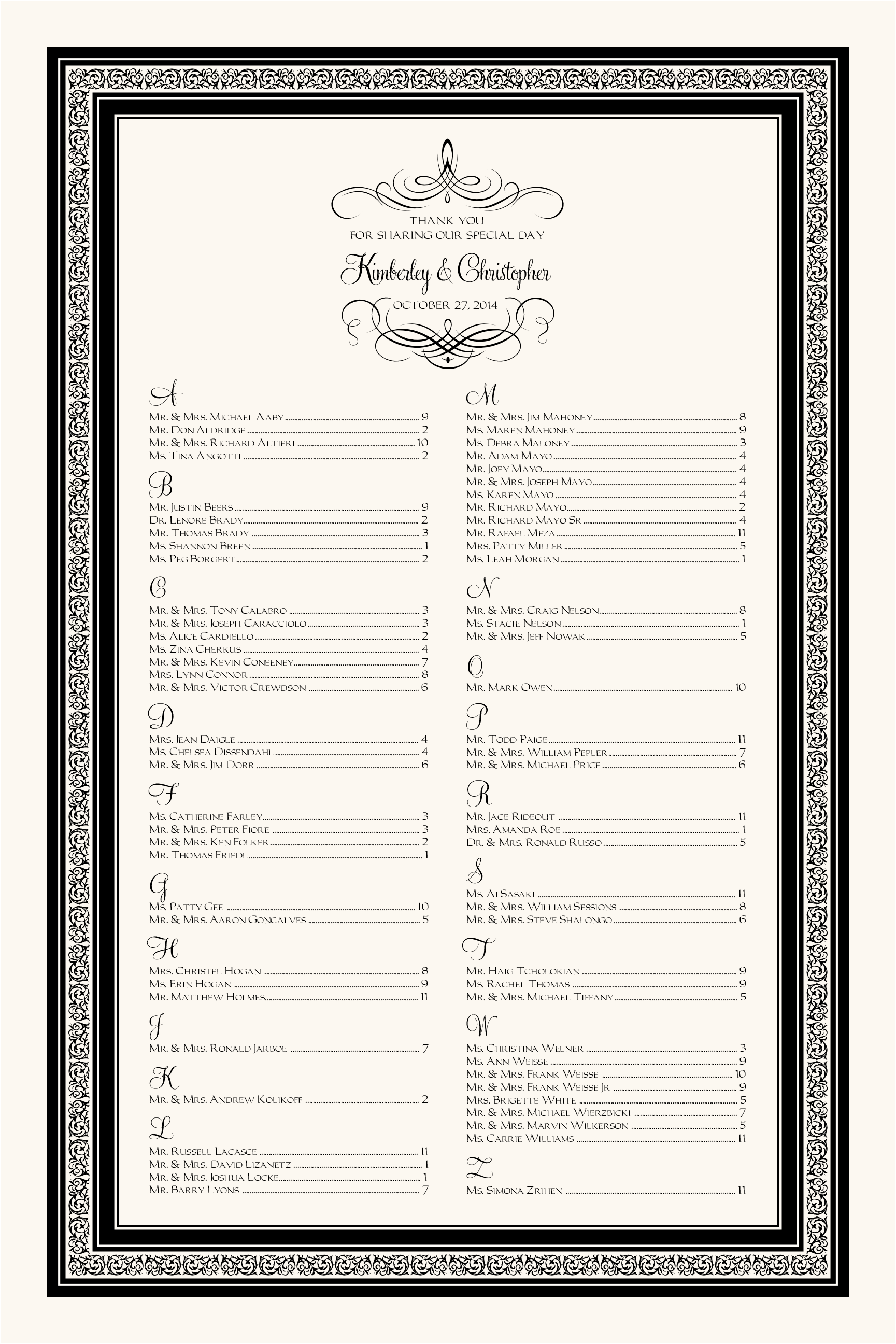 Flourish Monogram 04 Wedding Seating Chart and Seating Arrangement Chart with your Wedding Guest ...